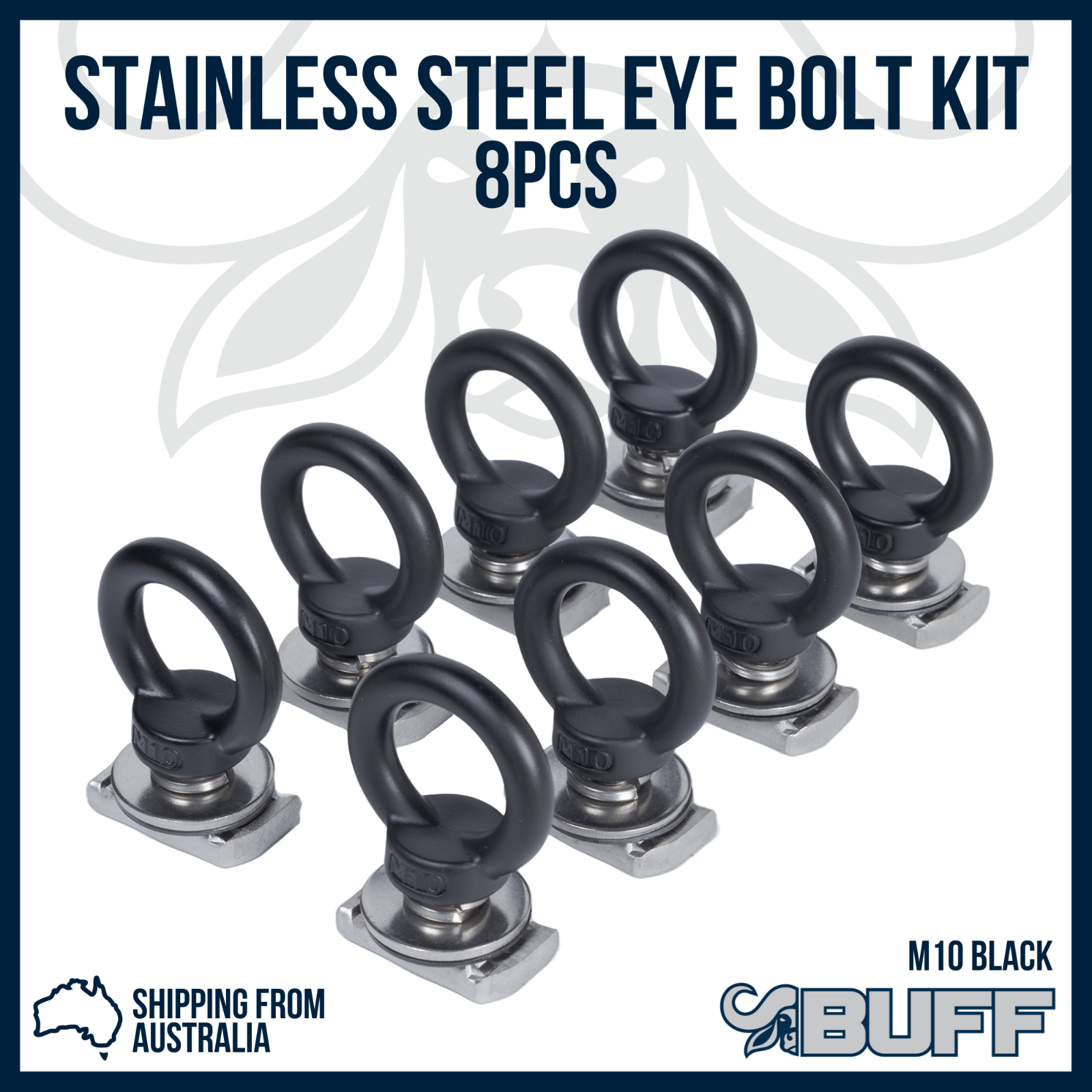 Eye Bolt Kit, Black Powder Coated, M10, 8mm Channel Nut (8 Pack) - Polishup