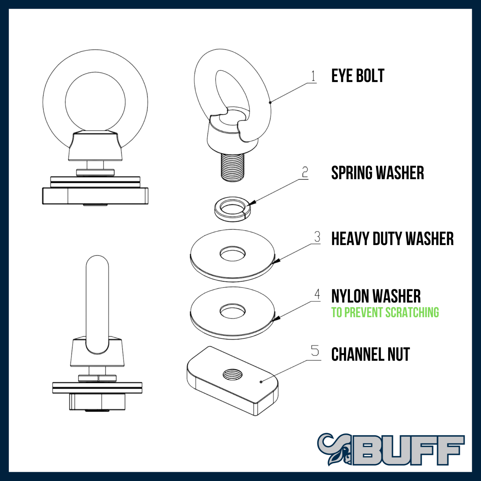 Eye Bolt Kit, M8, 8mm Channel Nut (4 Pack) - Polishup